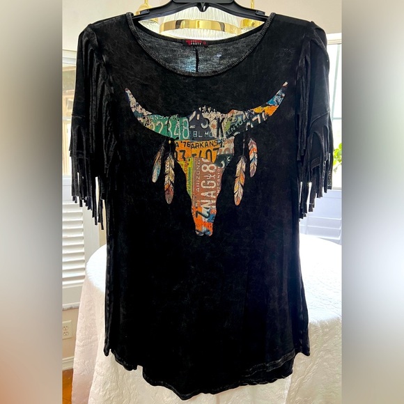 T Party Fashion | Tops | T Party Fringe Bullhead Shirt Boho Rodeo ...